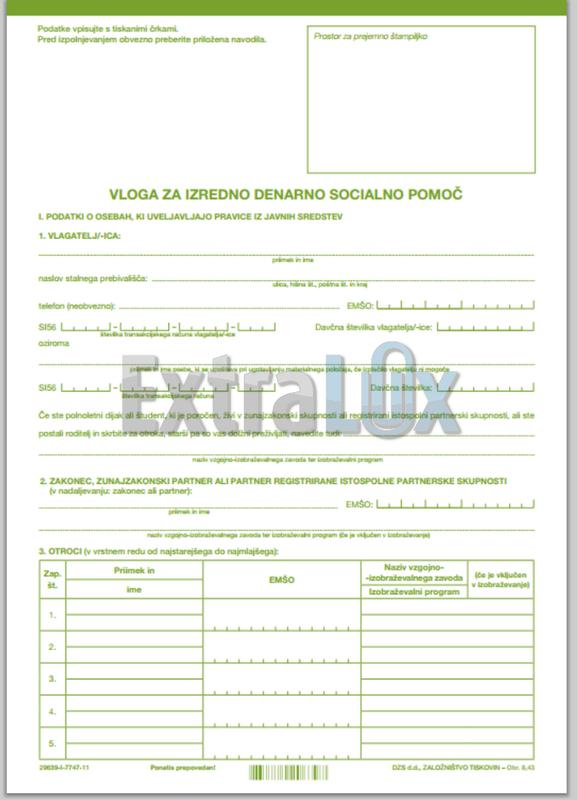 OBRAZEC 8,43 VLOGA ZA IZREDNO DENARNO SOCIALNO POMOČ | Extra Lux